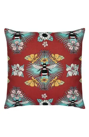 ELAINE SMITH Tropical Bee Jacquard Chenille Accented Indoor & Outdoor Woven Accent Pillow - Red