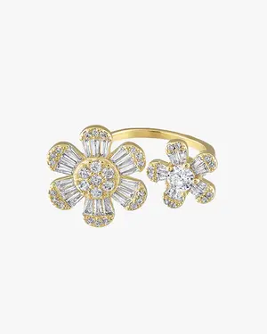 Ben Oni Pave And Baguette Cz Flower Ring - Gold