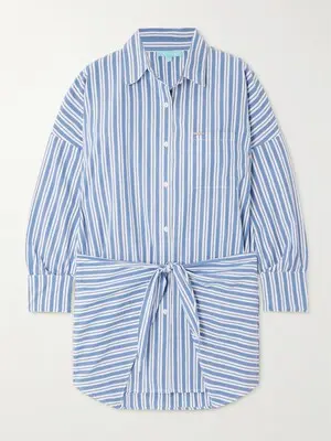 Melissa Odabash Striped Cotton Mini Shirt Dress With Tie Details - Blue
