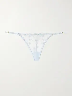 Kiki De Montparnasse Mathilde Silk-blend Satin-trimmed Embroidered Tulle Thong - Neutrals