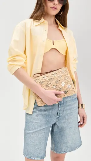 Rabanne Raffia Pouch With Leather Top Handle - Gold