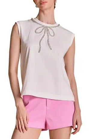 English Factory Rhinestone Bow Sleeveless Top - White