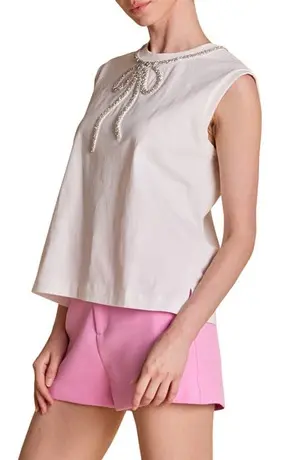 English Factory Rhinestone Bow Sleeveless Top - White
