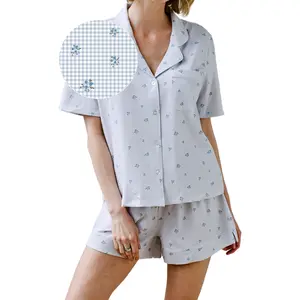 NOON Stretch Cotton Short Pajama Set - Blue Floral Gingham