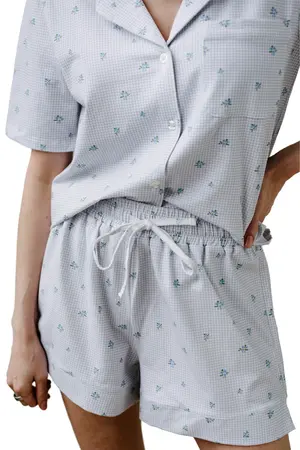 NOON Stretch Cotton Short Pajama Set - Blue Floral Gingham