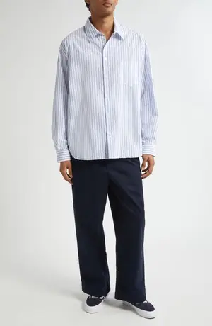 NOAH Oversize Cotton Poplin Button-up Shirt - White/ Blue