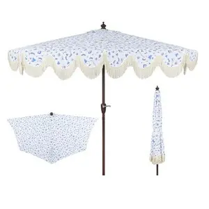 JONATHAN Y Beverly 9 Ft. Designer Classic Scalloped Fringe Half Market Patio Umbrella With Crank - Blue/white
