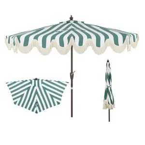 JONATHAN Y Beverly 9 Ft. Designer Classic Scalloped Fringe Half Market Patio Umbrella With Crank - Green/white