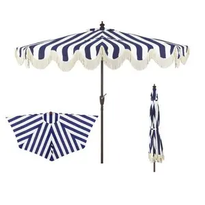 JONATHAN Y Beverly 9 Ft. Designer Classic Scalloped Fringe Half Market Patio Umbrella With Crank - Navy/white