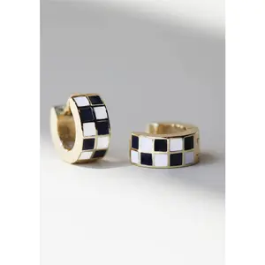 NICKEL & SUEDE Checkered Enamel Huggie Earrings - Black & White Checkered