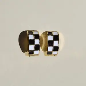 NICKEL & SUEDE Checkered Enamel Huggie Earrings Black & White