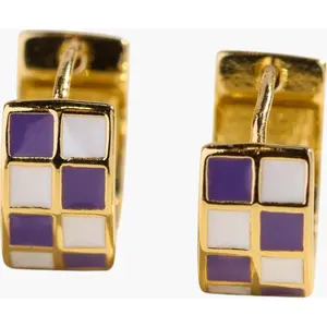 NICKEL & SUEDE Checkered Enamel Huggie Earrings - Purple & White