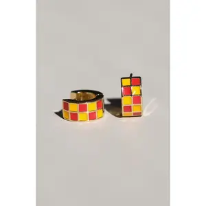 NICKEL & SUEDE Checkered Enamel Huggie Earrings Red & Yellow