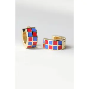 NICKEL & SUEDE Checkered Enamel Huggie Earrings Red/blue