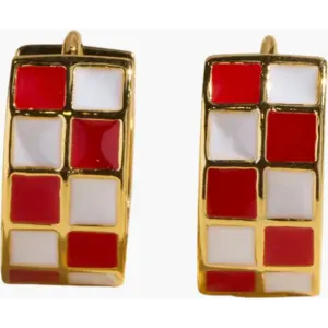 NICKEL & SUEDE Checkered Enamel Huggie Earrings Red/white Checkered