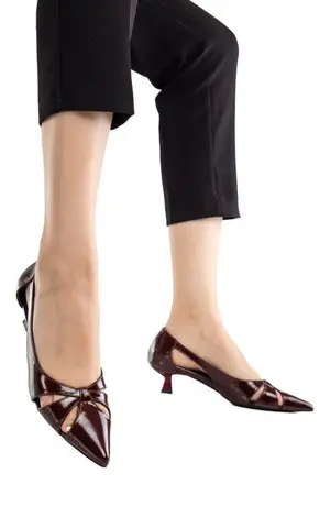 FOREVER & ALWAYS SHOES Sidal Kitten Heel Leather Pumps - Burgundy Patent Leather