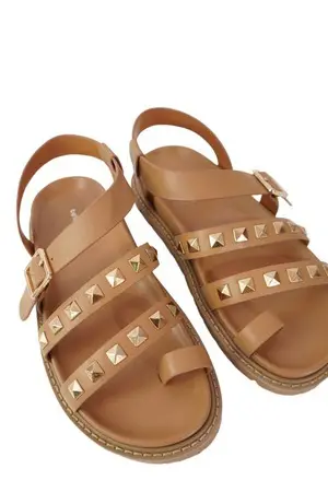 BELLE & BLOOM White Leather Chunky Stud Sandals - Camel