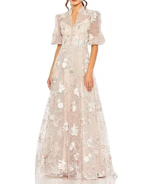 Mac Duggal Queen Anne Puff Sleeve A-line Gown With Floral Embroidery And Gemstone Accents - Blush