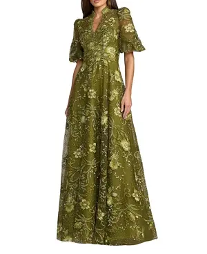 Mac Duggal Queen Anne Puff Sleeve A-line Gown With Floral Embroidery And Gemstone Accents - Olive