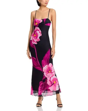 Aqua Floral Mesh Maxi Dress - Black/pink