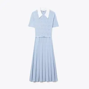 Tory Burch T Monogram Pointelle Pleated Dress - Soft White/crisp Blue