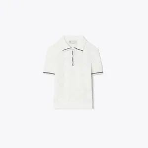 Tory Burch Cotton Logo Lace Polo Top - White