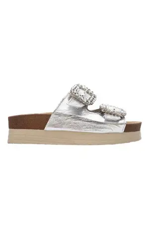 FOREVER & ALWAYS SHOES Polacca Leather Slide Sandal - Silver Leather