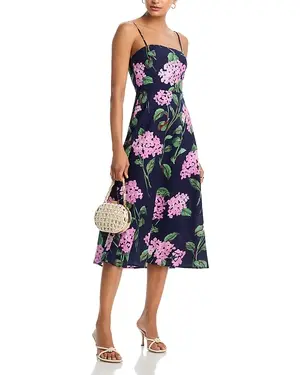 Aqua Linen Floral Square Neck Midi Dress