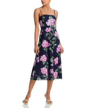 Aqua Linen Floral Square Neck Midi Dress
