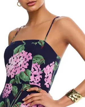 Aqua Linen Floral Square Neck Midi Dress