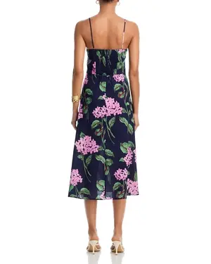 Aqua Linen Floral Square Neck Midi Dress