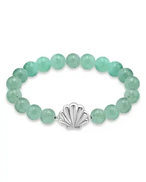 Aqua Clam Shell Charm Gemstone Beaded Bracelet - Green/silver