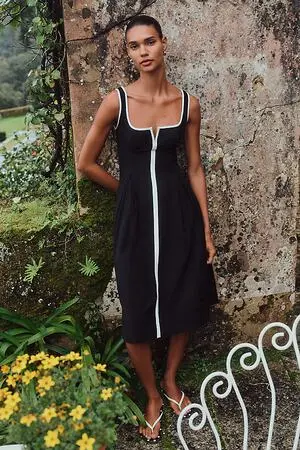 Maeve Maeve Arlette Square-Neck Piped Midi Dress Black