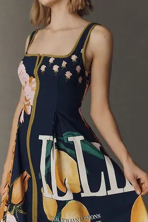 Maeve Arlette Square-neck Piped Midi Dress - Blue Pattern