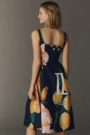 Maeve Arlette Square-neck Piped Midi Dress - Blue Pattern