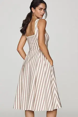 Maeve Arlette Square-neck Piped Midi Dress - Neutral Pattern