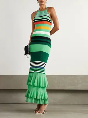 Christopher John Rogers Ruffled Striped Stretch-knit Halterneck Maxi Dress