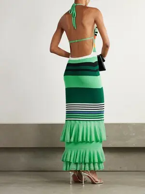 Christopher John Rogers Ruffled Striped Stretch-knit Halterneck Maxi Dress