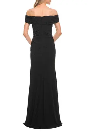 La Femme Beaded Jersey Off-the-shoulder Gown