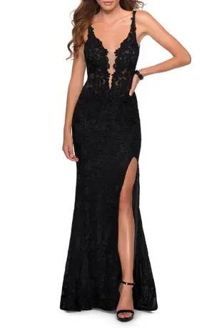 La Femme Lace Column Gown With Plunging Neckline - Black