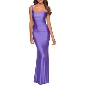 La Femme Long Ruched Jersey Dress - Periwinkle