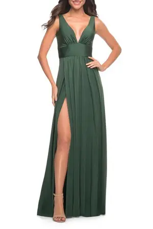 La Femme Empire Waist Column Gown With Deep V-neckline - Emerald
