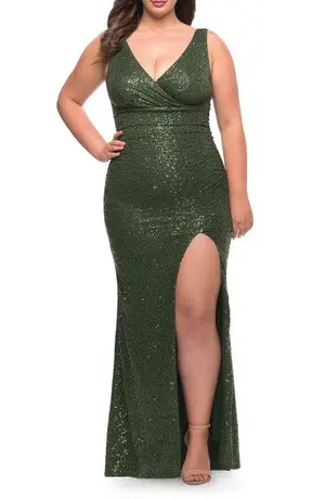 La Femme Sequin Gown With Slit - Emerald
