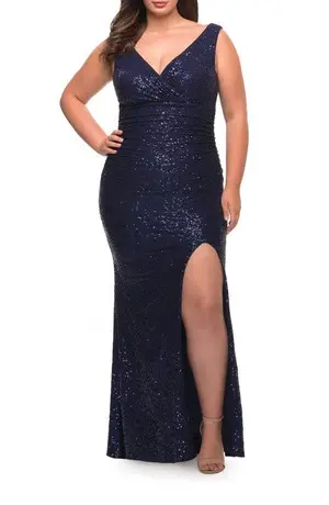 La Femme Sequin Gown With Slit - Navy
