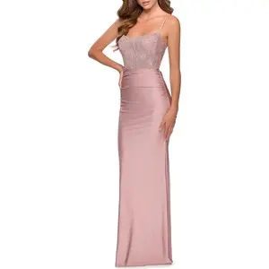 La Femme Jersey Prom Gown With Lace Bodice - Mauve