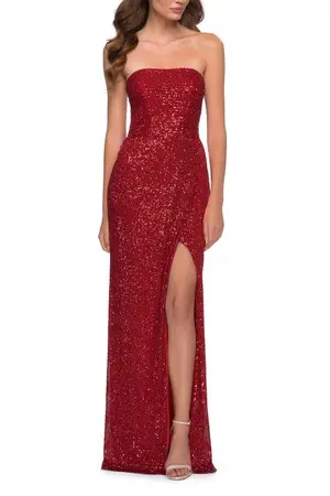 La Femme Sequin Strapless Gown With Criss-cross Straps - Red