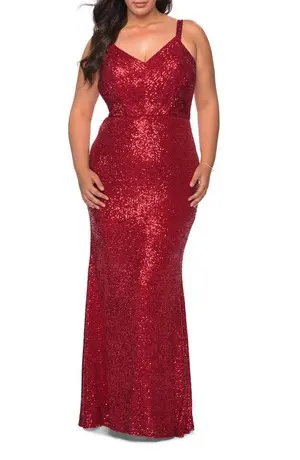 La Femme Sequined Gown With Criss Cross Back - Red