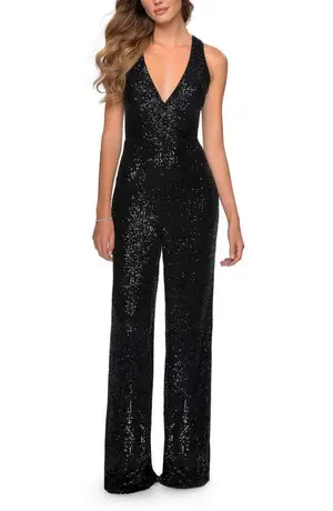 La Femme Sequin Jumpsuit With Criss-cross Back - Black