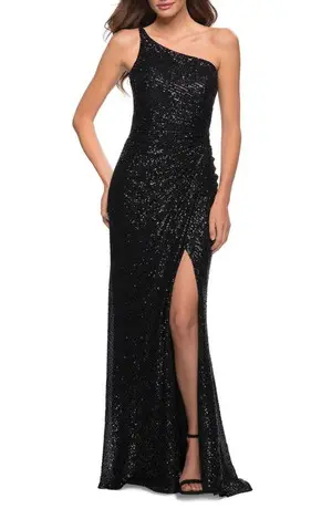 La Femme Sequin Gown With One-shoulder Top And Open Back - Black