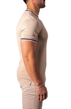 MACEOO Tipped Short Sleeve Sweater - Light Brown